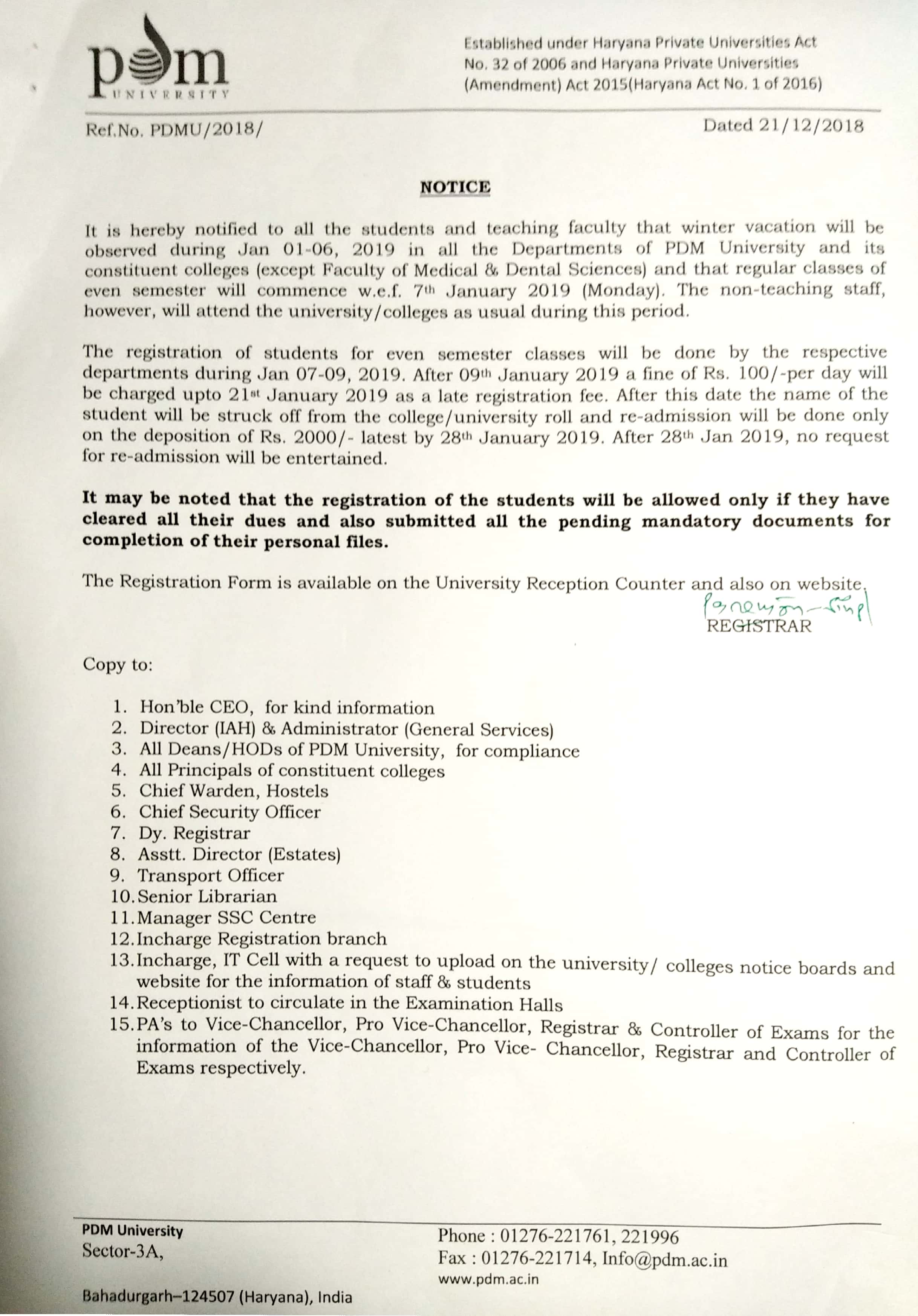 Notice for Registration & starting of Even Semester classes - PDM ...